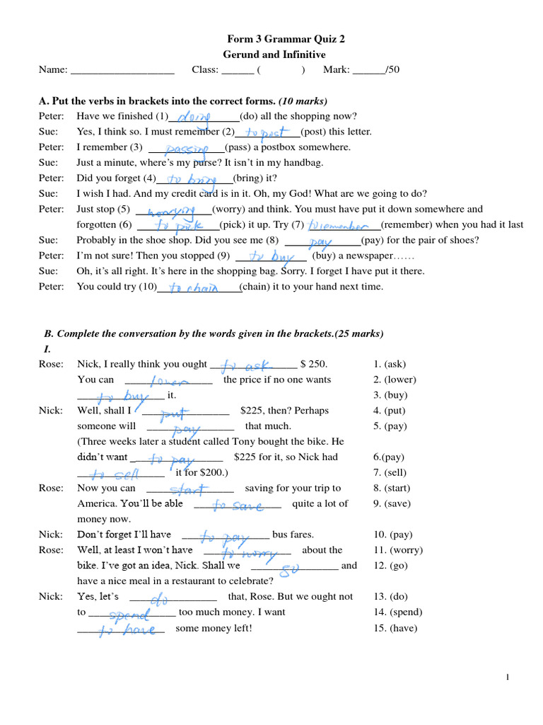 Grammar Quiz 2 Gerund | PDF