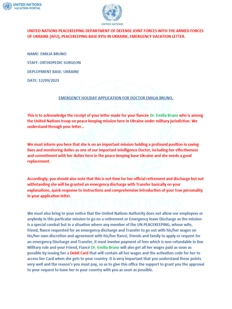 Emergency Vacation Letter | PDF | Payments | Peacekeeping