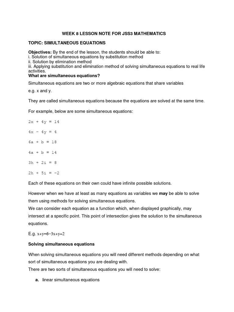 1705 - Week 8 Lesson Note For JSS3 Mathematic1 | PDF | Equations ...