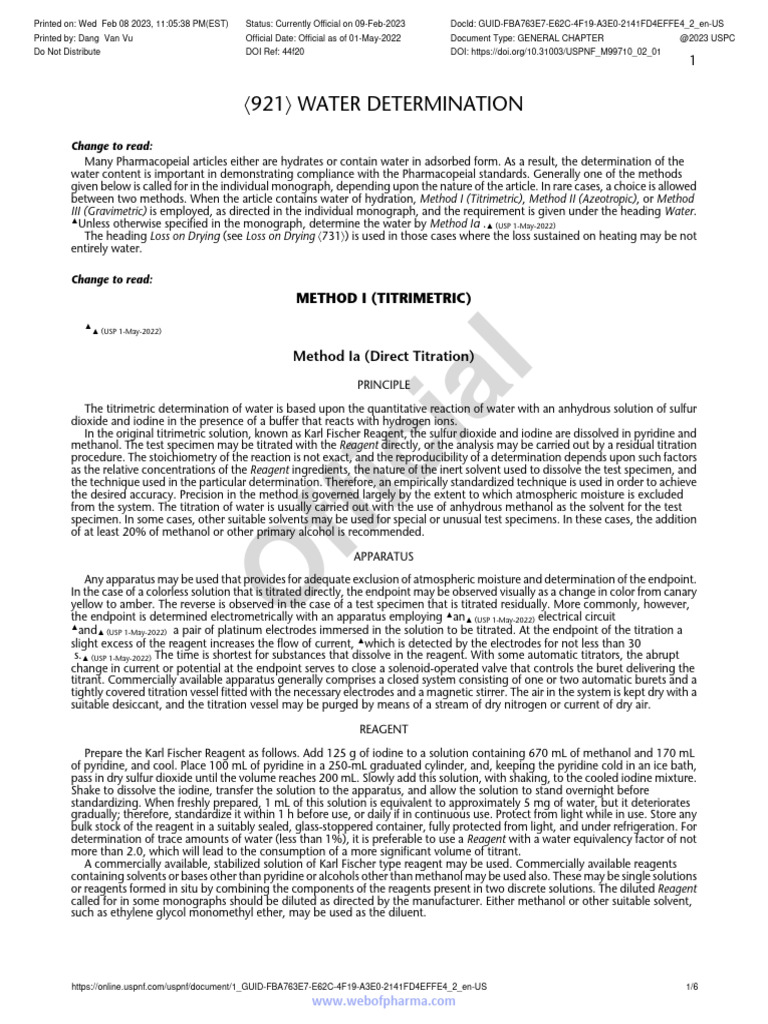 〈921〉 Water Determination | PDF | Titration | Chemistry