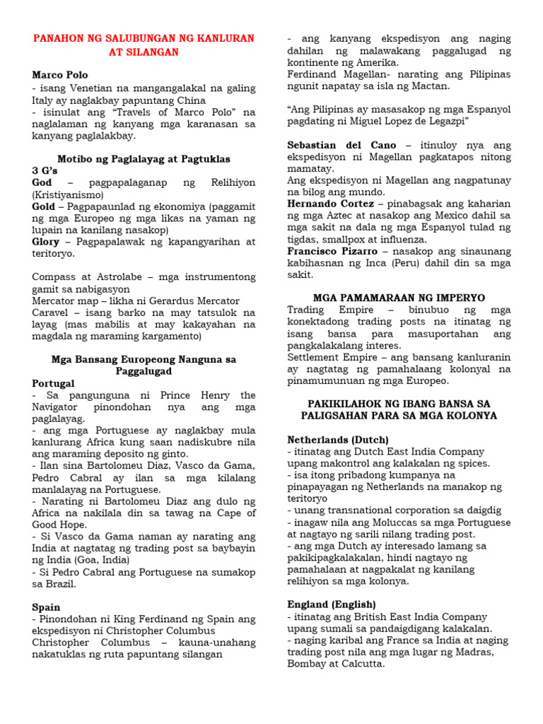 Handouts Panahon NG Salubungan NG Kanluran at Silangan | PDF