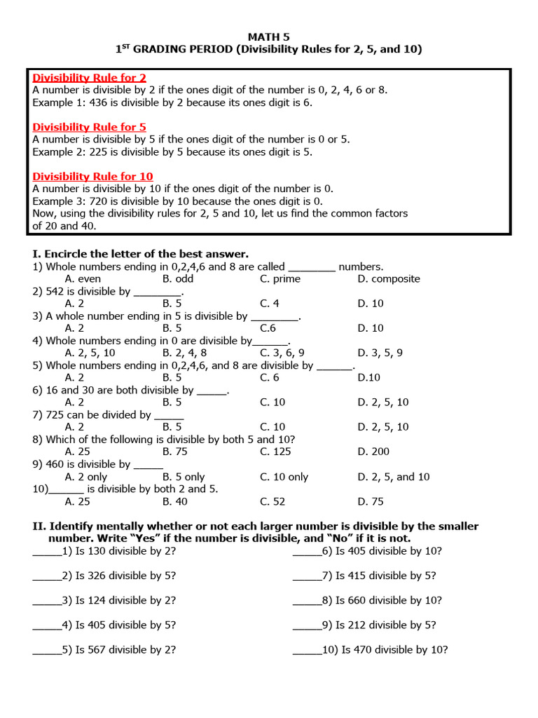 Math 5 Divisibility Of 2 5 10 St Pdf Numbers Arithmetic