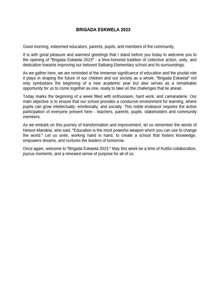 Brigada Eskwela 2023 Welcome Address | PDF | Wellness