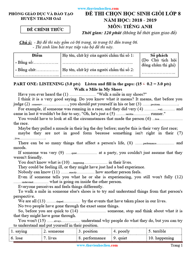 De Thi HSG Tieng Anh 8 de 7 | PDF | Experience