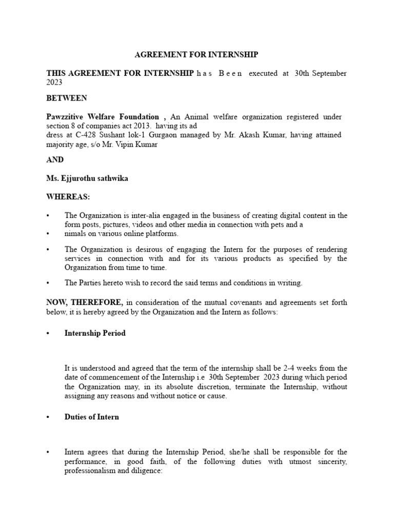 Internship Agreement - Pawzz III - Fundraising | PDF | Copyright ...