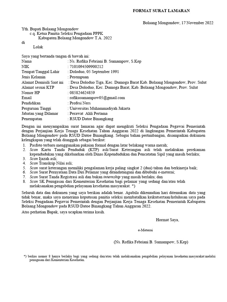 02.-Lampiran-I-Format-Surat-Lamaran-PPPK-Kesehatan-BKN-2022 | PDF