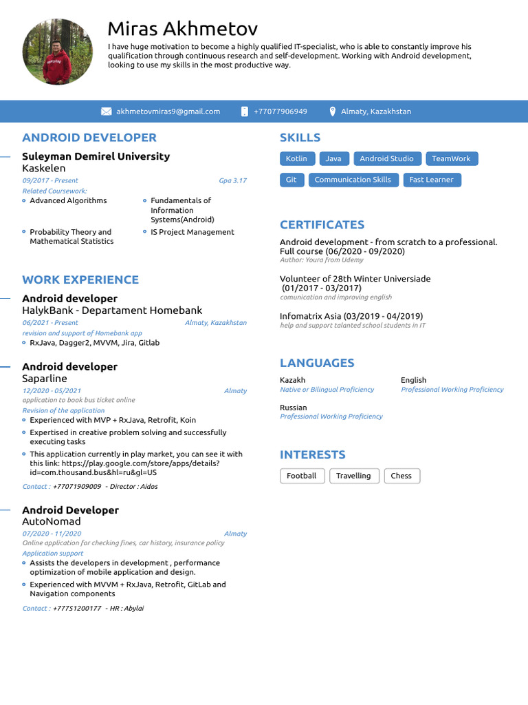Miras Akhmetov Android Dev (Kazakhstan) Eng - B1 Sal - 2500$ | Download Free PDF | Android ...