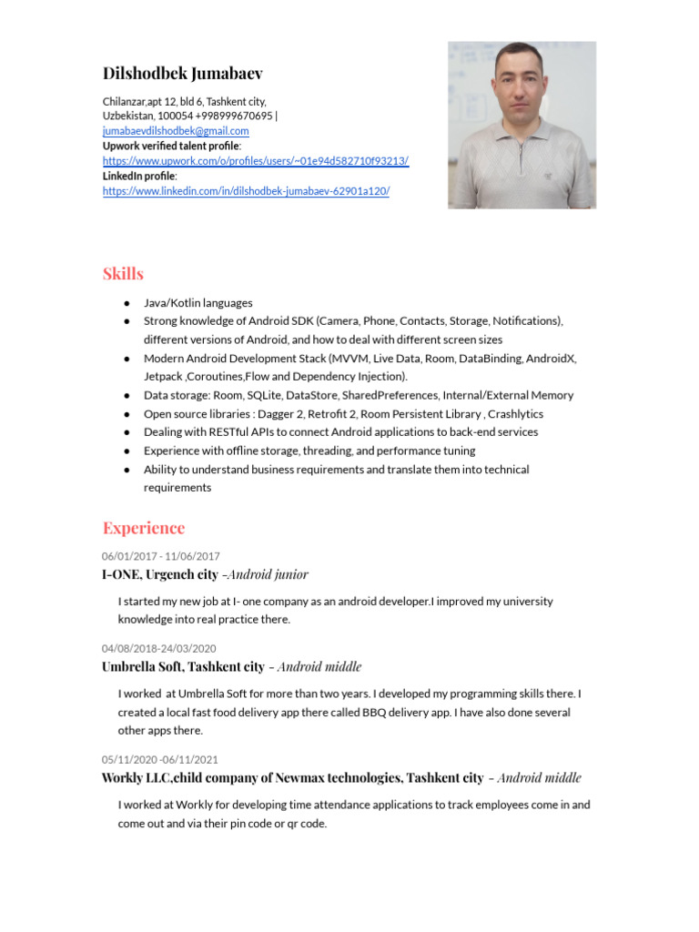 Dilshodbek Jumabaev Android Dev (Uzbekistan) Eng - B2 Sal - 2500$ Gross | PDF | Android ...
