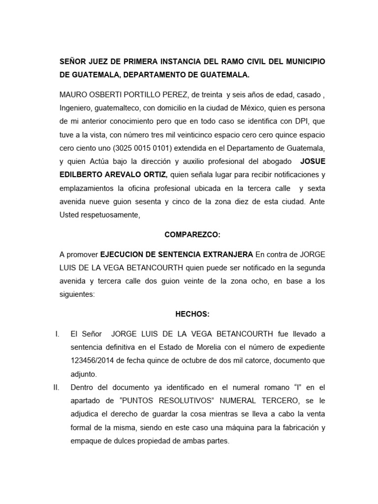 Memorial de Ejecucion de Sentencia Extranjera | PDF | Sentencia (ley) | Guatemala