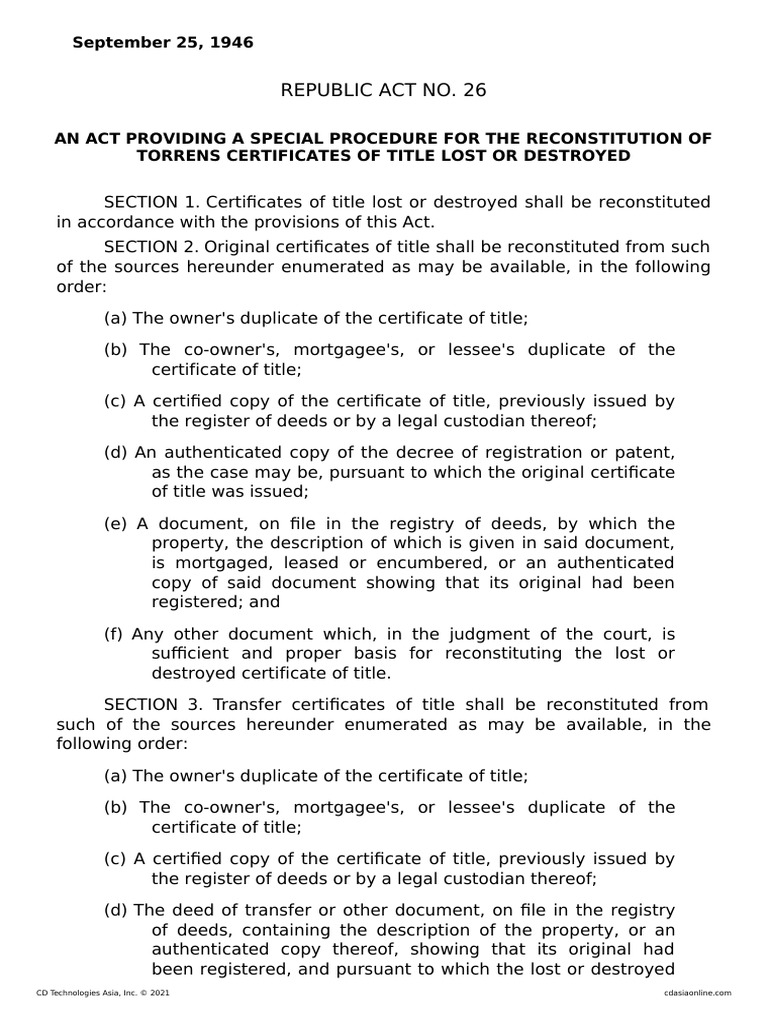R.A. 26 - Special Procedure For Reconstitution of Lost or Destroyed ...