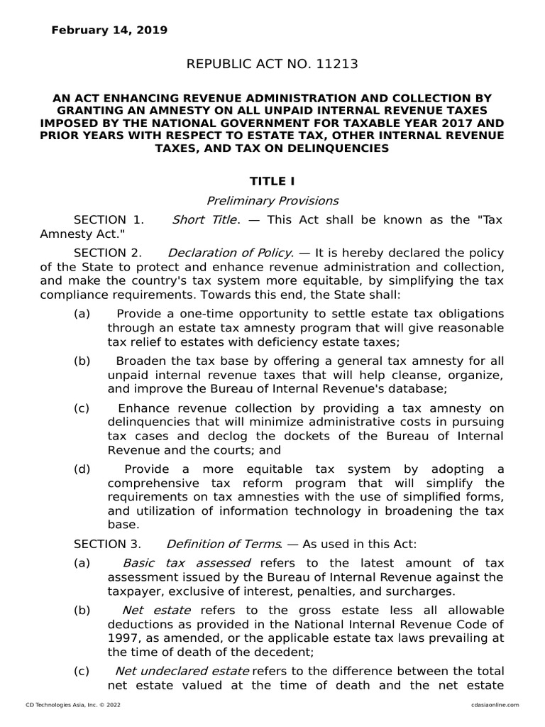 R.A. 11213 Tax Amnesty Act | PDF | Taxes | Book Value