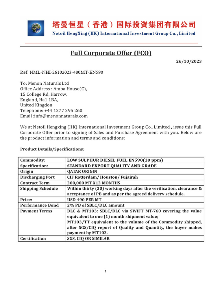 Fco MNL Nhi 26102023 240MT | PDF | Letter Of Credit | Economies