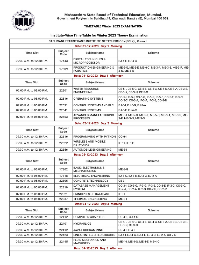 Time Table For Winter 2023 Theory Examination | PDF | Engineering | Mechatronics