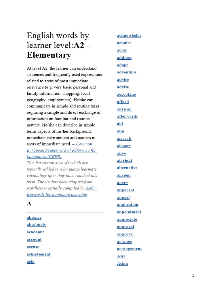 A2 English Vocabulary Word List | PDF | Learning