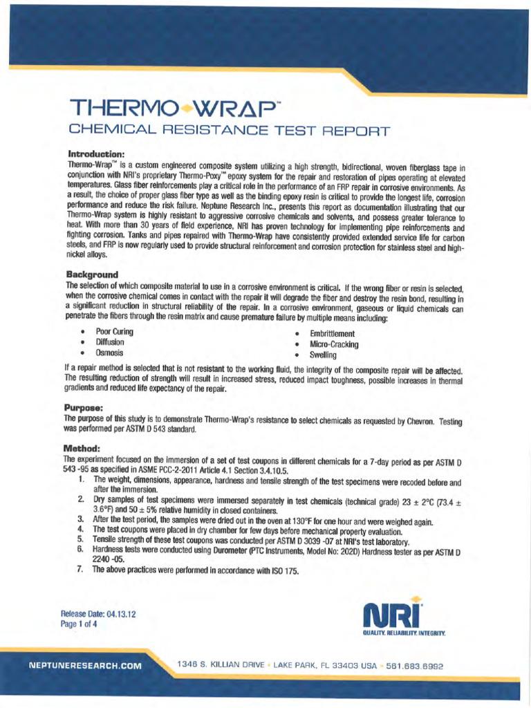 Thermo-Wrap Chemical Resistance Test Report Chevron | PDF