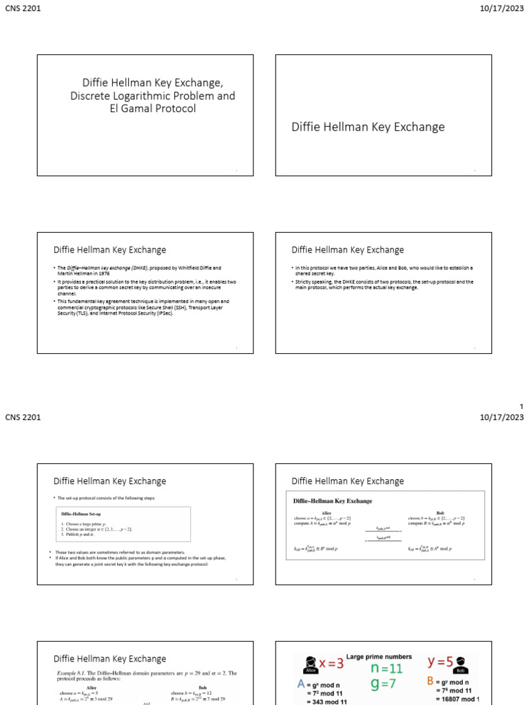 Lecture 9 Diffie Hellman Key Exchange and El Gamal Protocol | PDF | Cryptography | Key ...