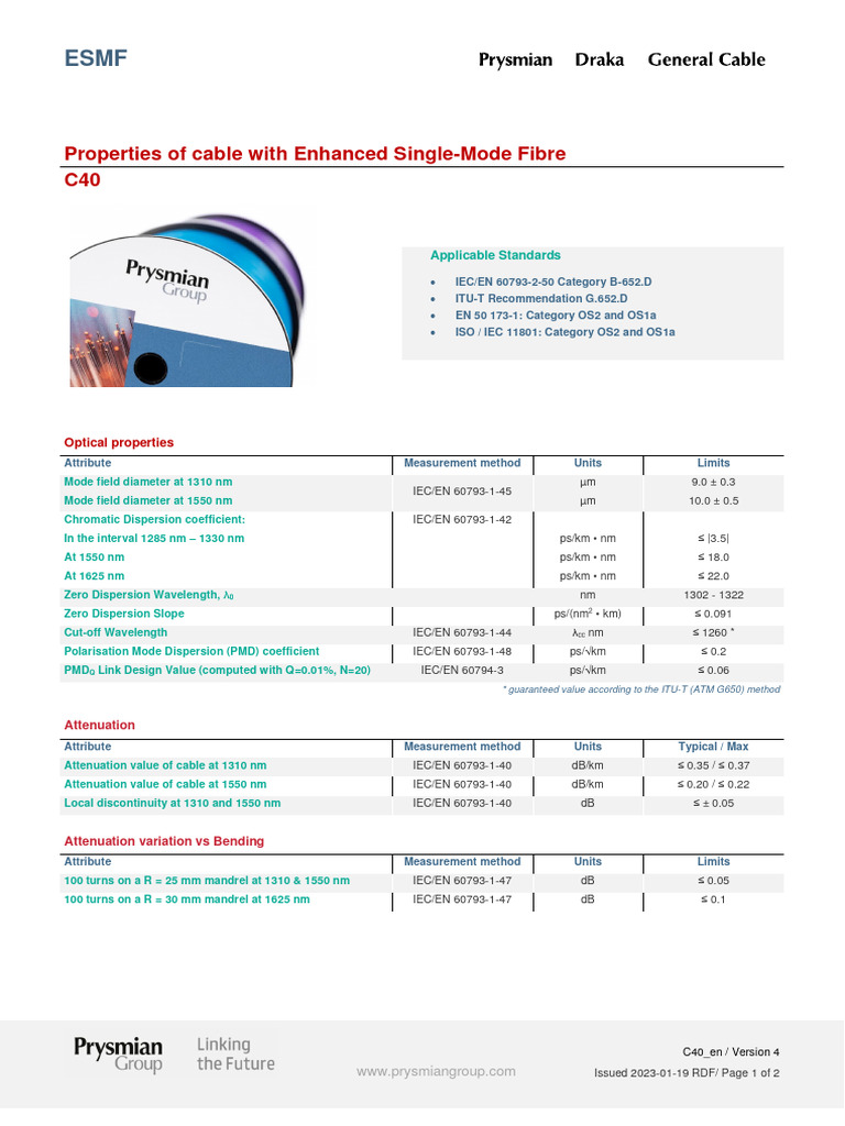 Properties of Cable With Enhanced Single-Mode Fibre C40 | PDF ...