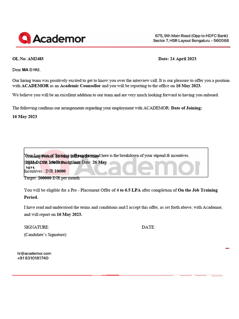 Academor - Offer Letter | PDF