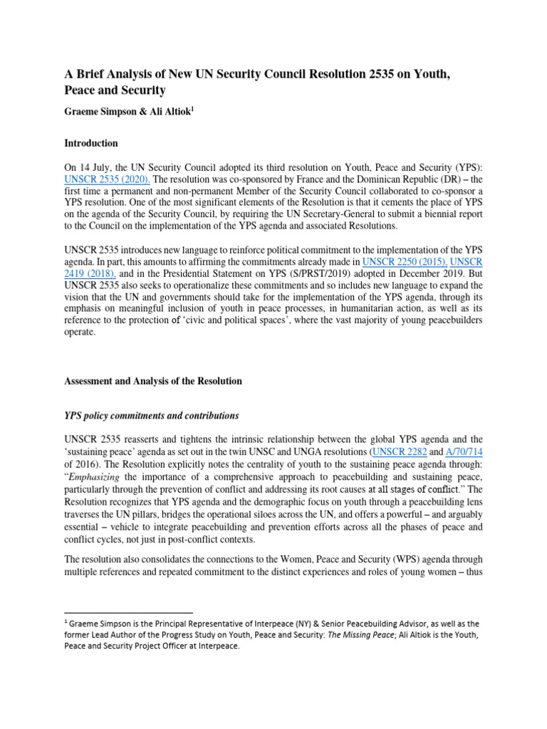 Brief Assessment of UNSC Resolution 2535 Final Version Clean Version ...