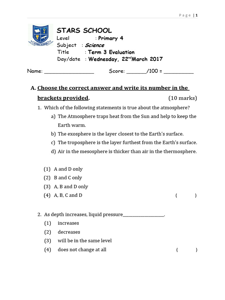 Science P4 Evaluation Term 3 | PDF | Atmosphere Of Earth | Atmosphere