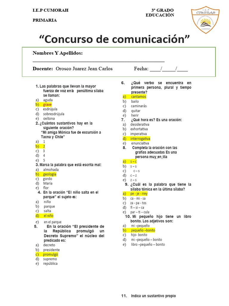 Examen Resuelto De Concurso De Comunicacion 3er Grado 1 Pdf 2583
