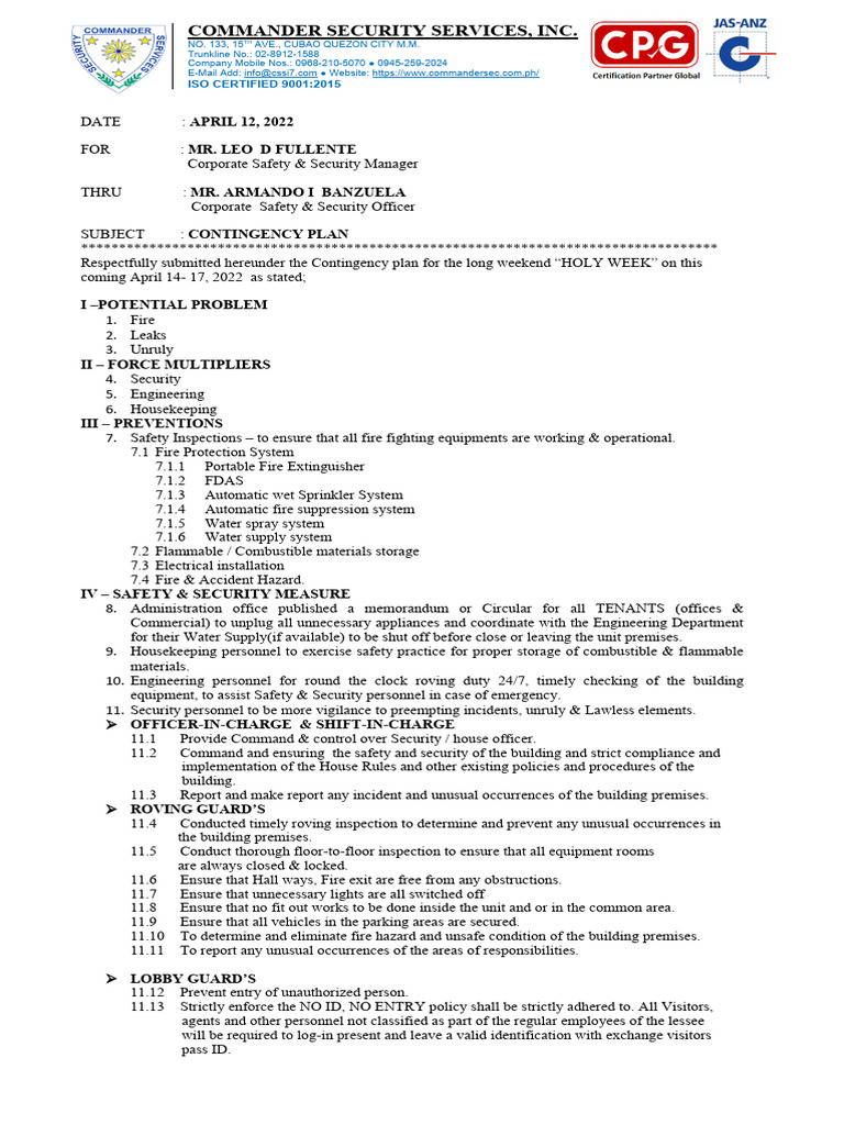 Holy Week 2022 Security Contingency Plan | PDF | Technology & Engineering