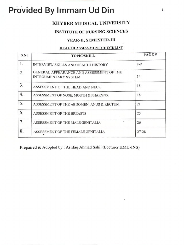 Health Assessment Checklist BSN 3rd Provided by Immam Ud Din | PDF