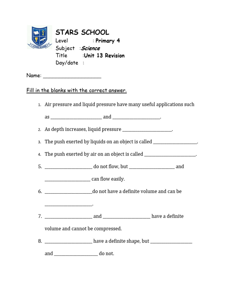 Science P4 Revision Unit 13 | PDF | Liquids | Pressure