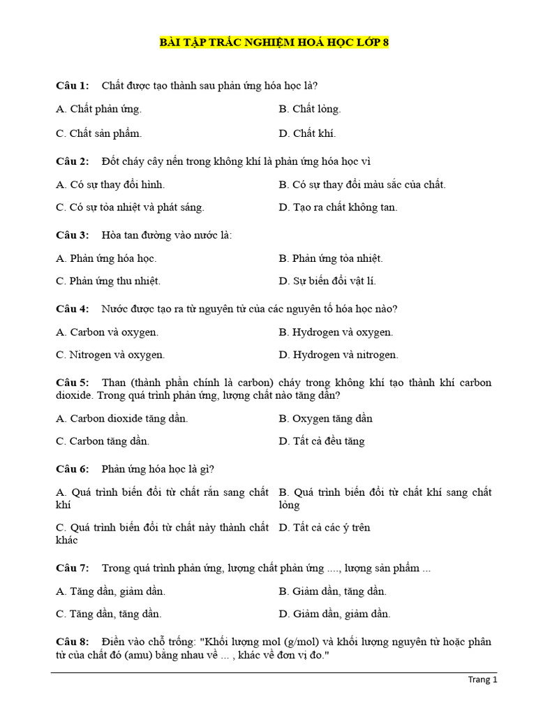 Bai Tap Trac Nghiem Hoa Hoc Lop 8-Bai 1 | PDF