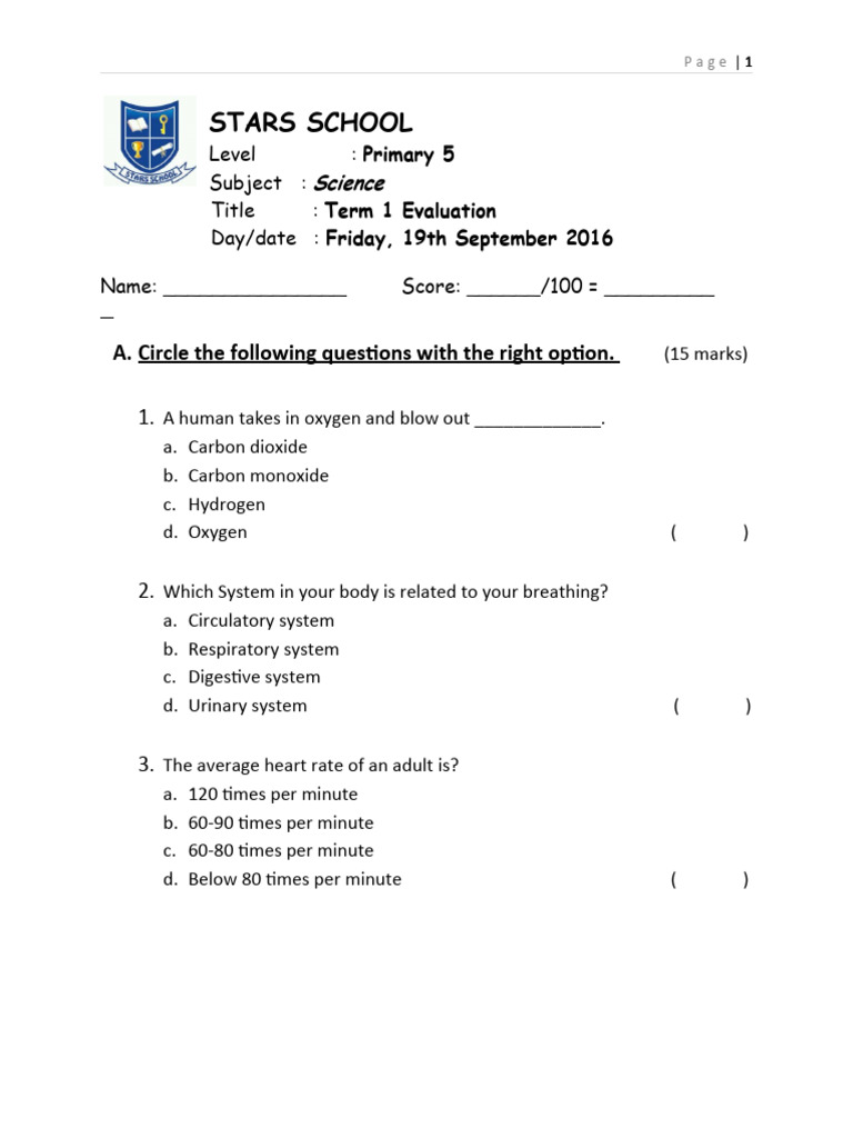 Science P5 Evaluation Term 1 | PDF | Respiratory System | Blood