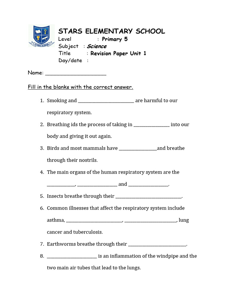 Science P5 Revision Unit 1 Pdf Respiratory System Lung