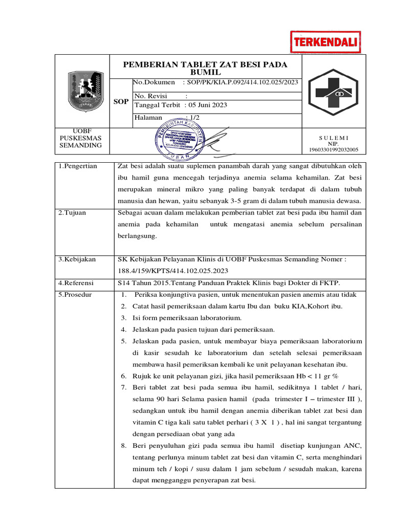 Sop Pemberian Tablet Besi | PDF | Kesehatan Holistik