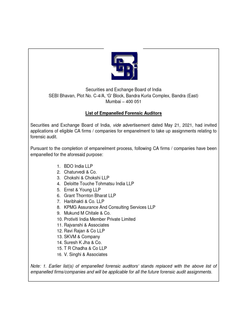 SEBI Empanelled Forensic Auditors List | PDF | Business | Finance ...