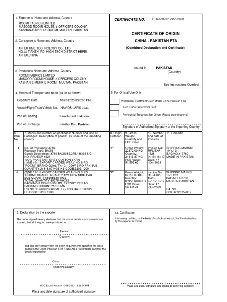 CertificateOfOrigin FTA 10 26 2023 | PDF