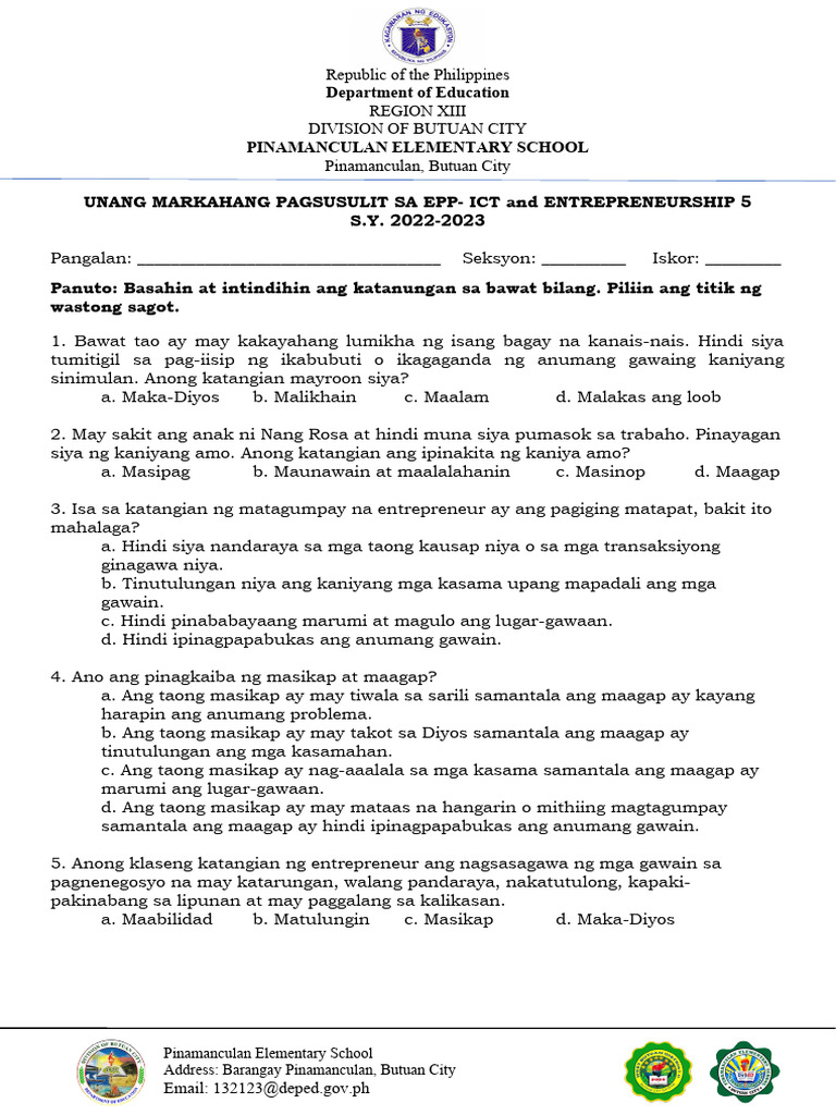 First Quarter Examination in Epp 5 | PDF