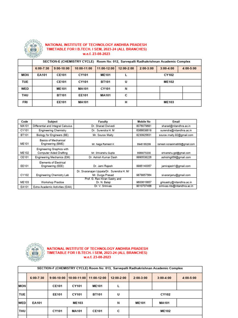 TIMETABLE - Chemistry Cycle (E, F, G and H Sections) - I Sem-I B.Tech AY2023-2024 - 1 | PDF ...