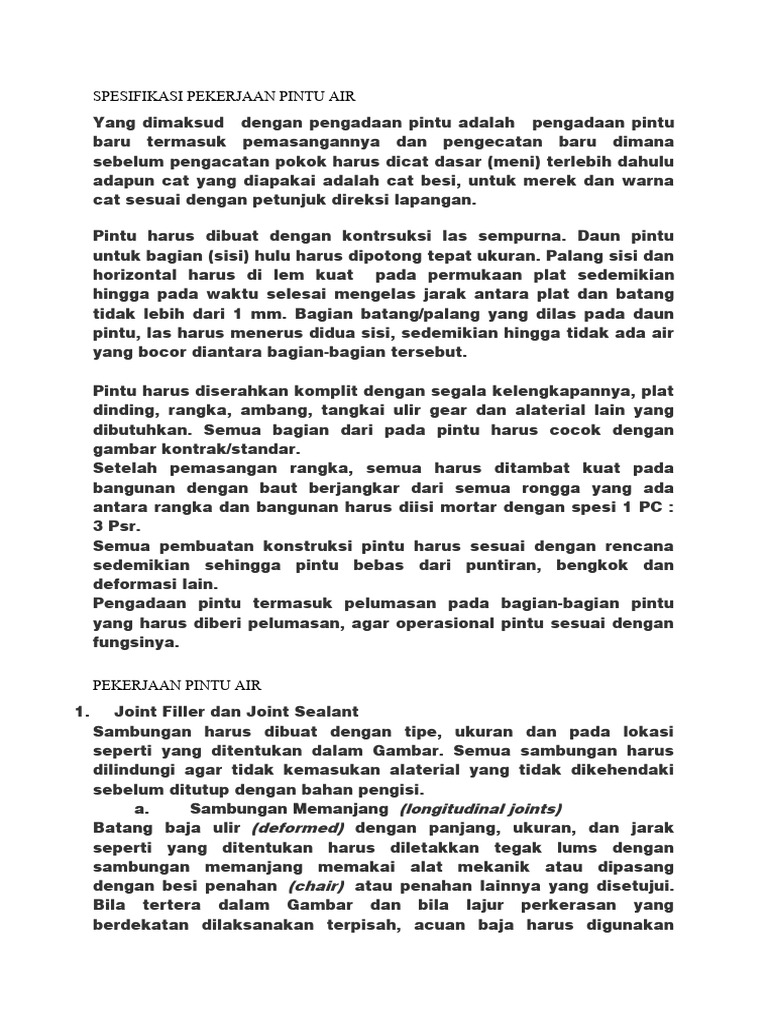 Spesifikasi Pekerjaan Pintu Air | PDF