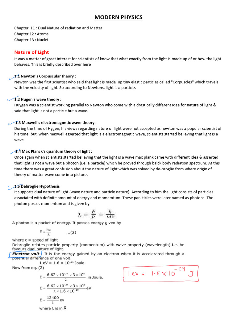 MODERN PHYSICS 1 Dual Nature and Atoms | PDF | Photoelectric Effect | Light
