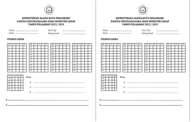 LJK UJIAN SEMESTER GENAP KELAS 3 DAN 4 Dobel | PDF