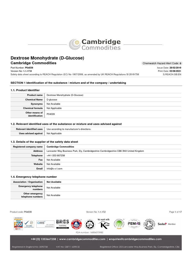MSDS Glucose | PDF | Carbohydrates | Materials