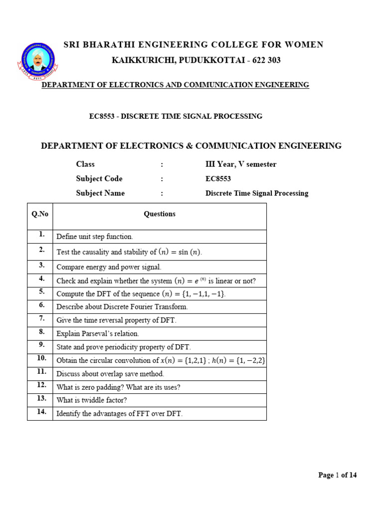 EC8553 DTSP Notes and Questions | PDF | Discrete Fourier Transform ...