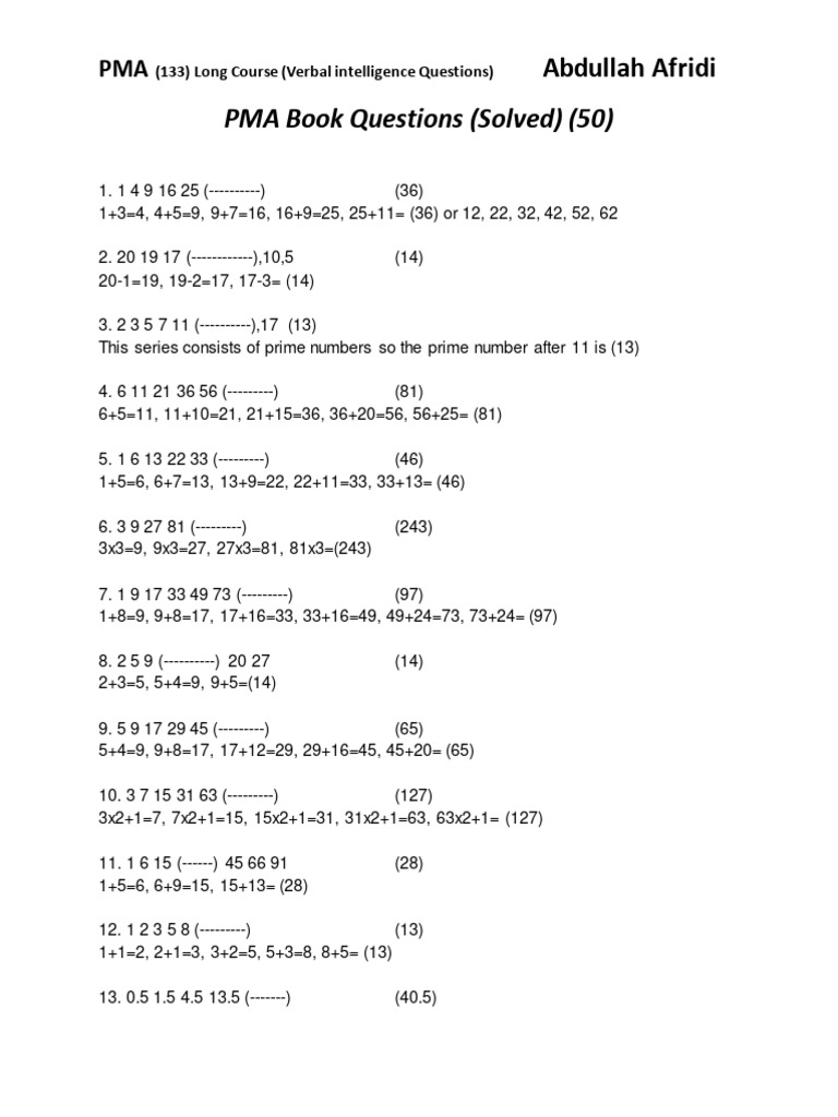 PMA 133 Book - Verbal Intelligence Test Questions (Solved) - 1 | PDF ... PMA 133 Book - Verbal Intelligence Test Questions (Solved) - 1 | PDF ...