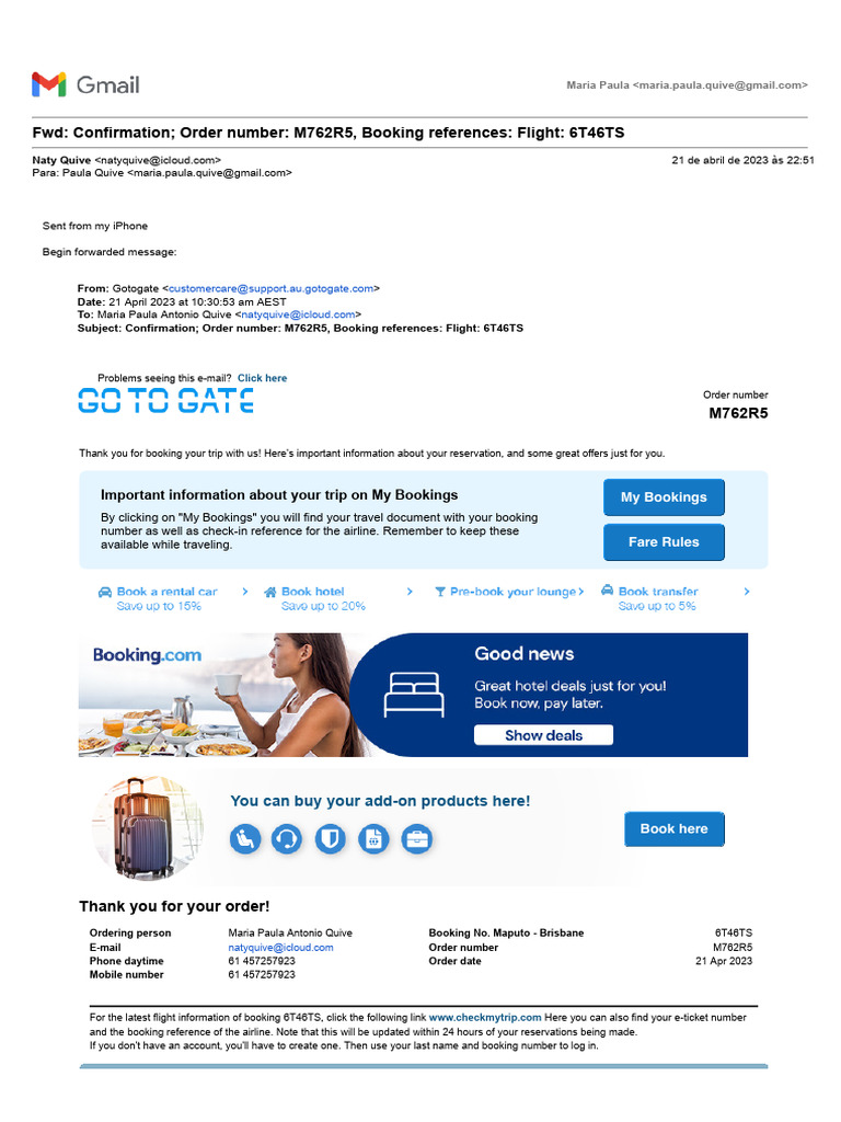 FWD Confirmation Order Number M762R5, Booking References Flight 6T46TS ...