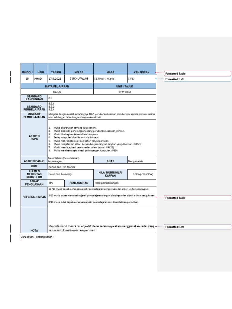 Rancangan Pengajaran Harian Sains Tahun 5 (17.9.2023) | PDF
