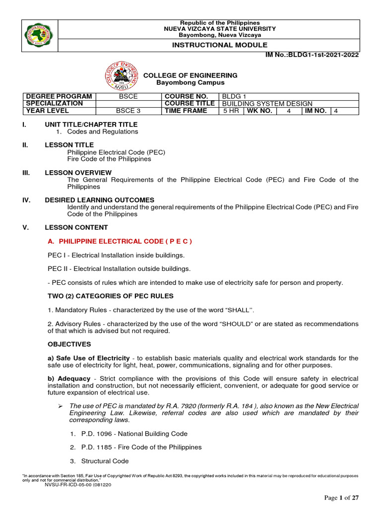 MODULE 4 Electrical Codes and Fire Codes of The PH | PDF | Electrical ...