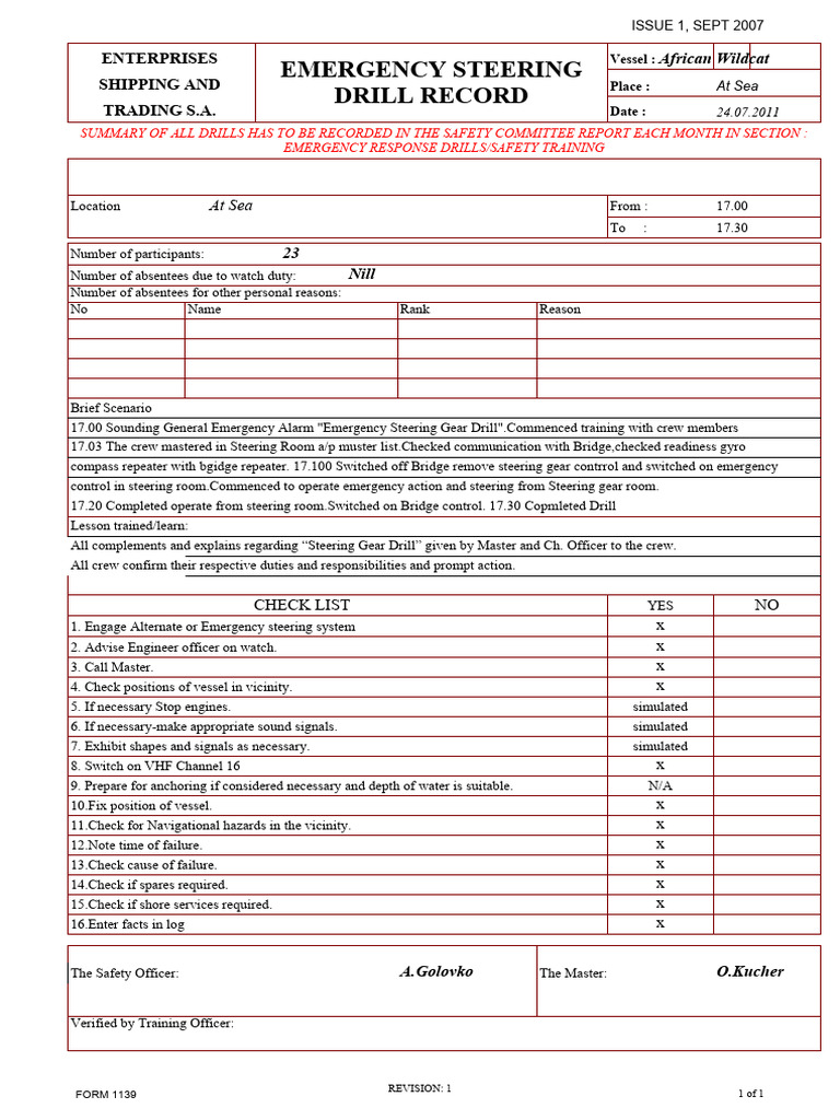 FORM NO 1139 2011-07-24 Emergency Steering Gear Drill | PDF ...