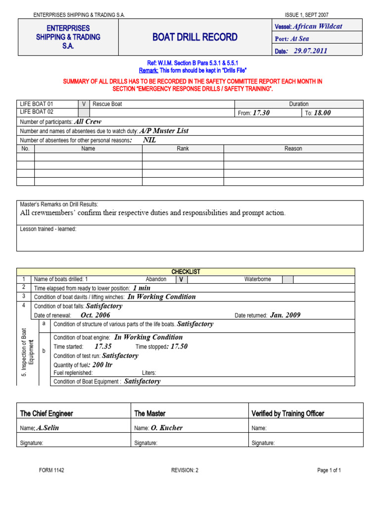 FORM NO 1142 2011-07-29 Rescue Boat Drill | PDF | Freight Transport ...
