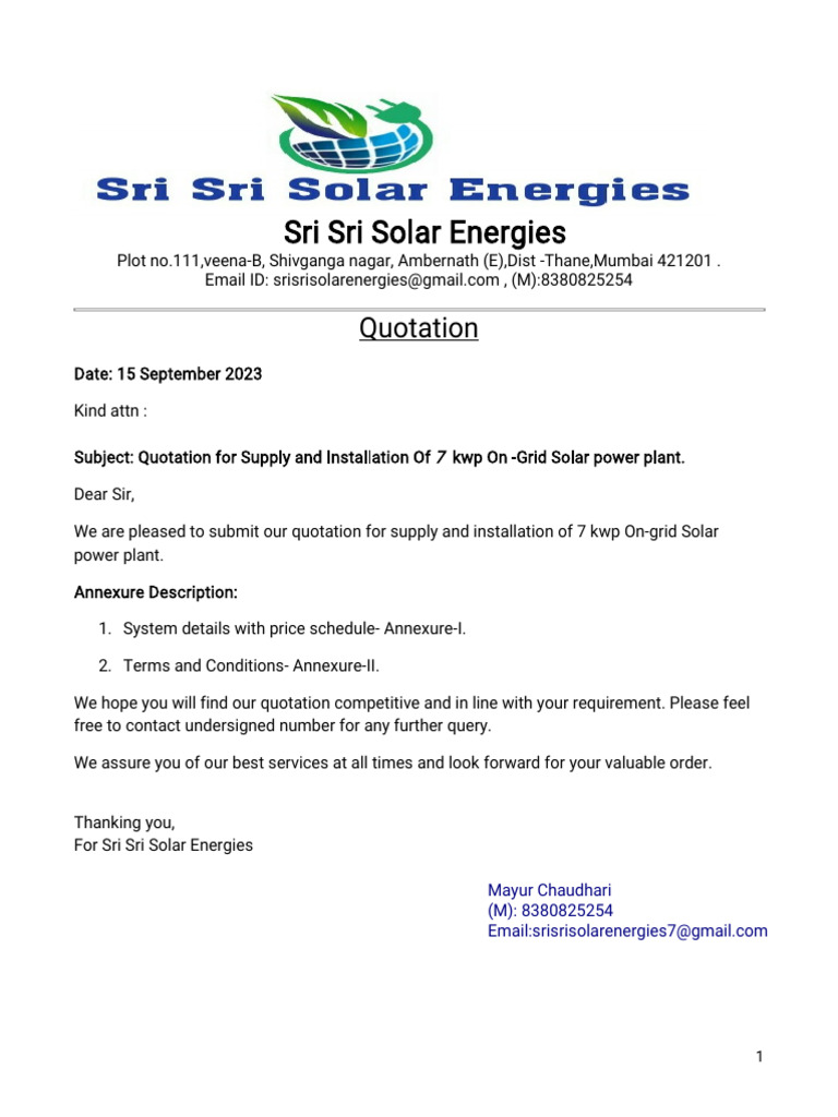Quotation of 7KW | PDF | Photovoltaics | Solar Power