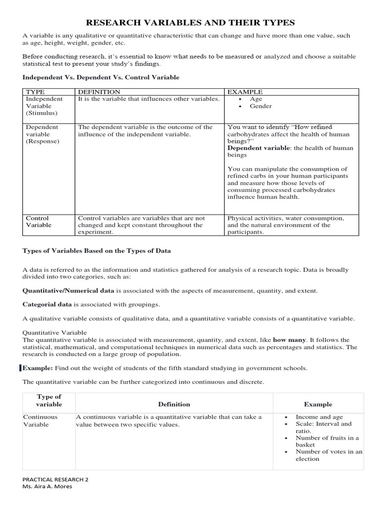 PR2 Handout1 Variables | PDF | Level Of Measurement | Categorical Variable