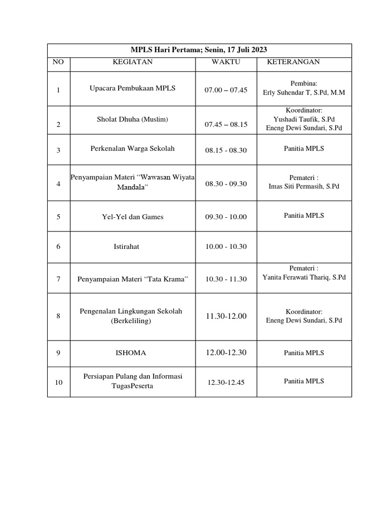 Jadwal Kegiatan Dan Pemateri MPLS Tahun Ajaran 2023-2024 | PDF